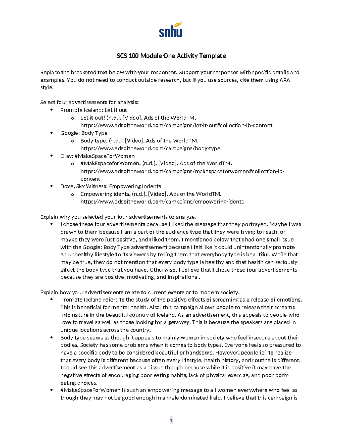 Scs 100 Module One Activity Template Scs 100 Module One Activity
