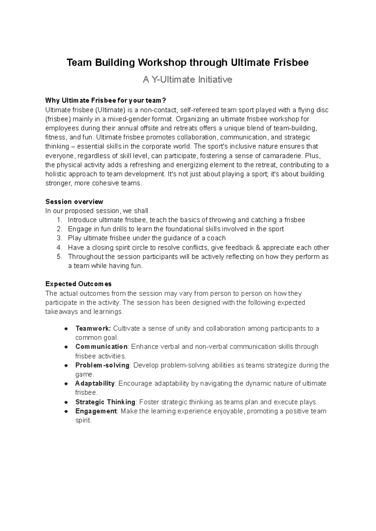 Y-Ultimate Team Building Workshop for Organisations Overview - Team ...