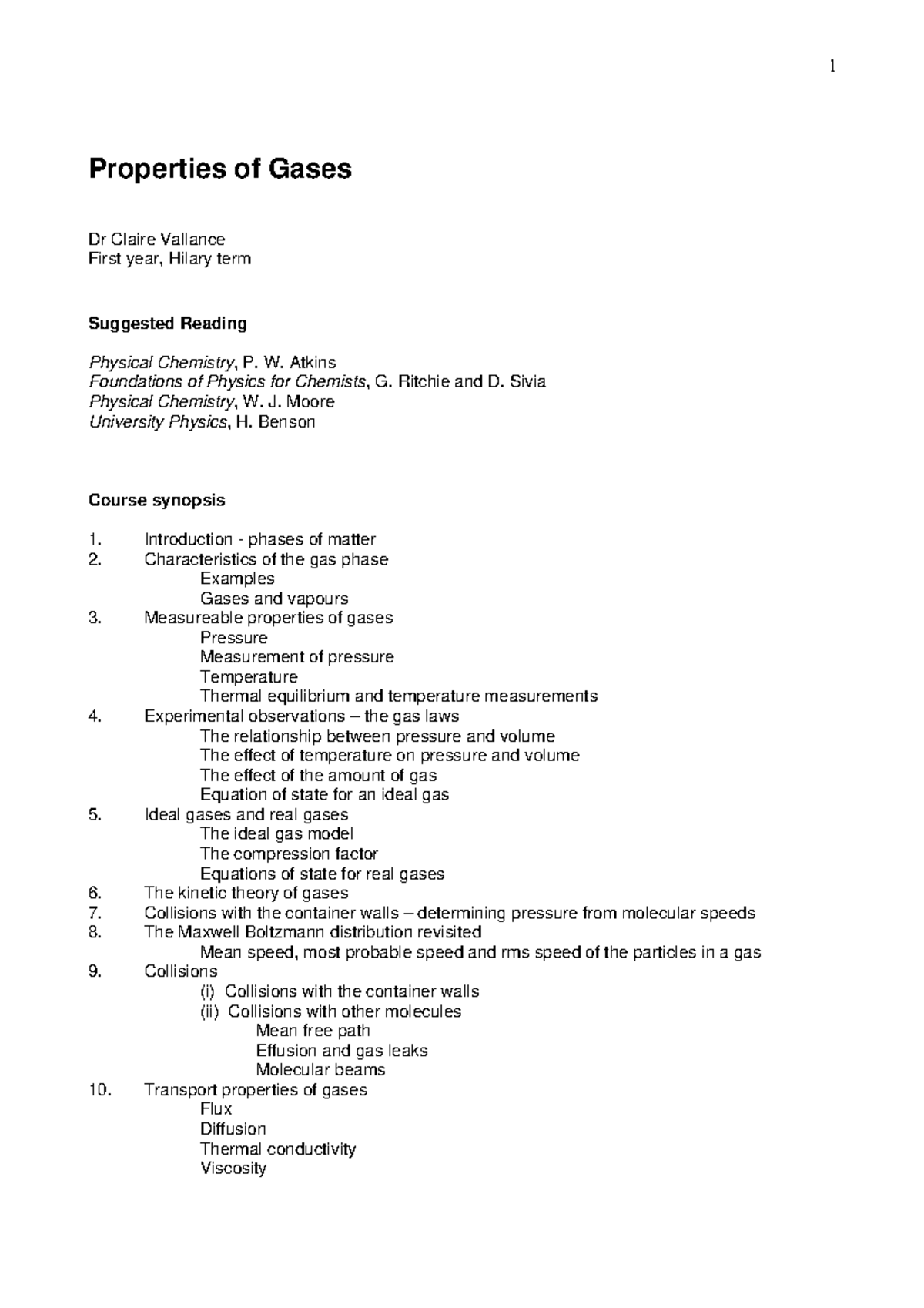 Properties Of Gases Lecture Notes - Properties of Gases Dr Claire ...