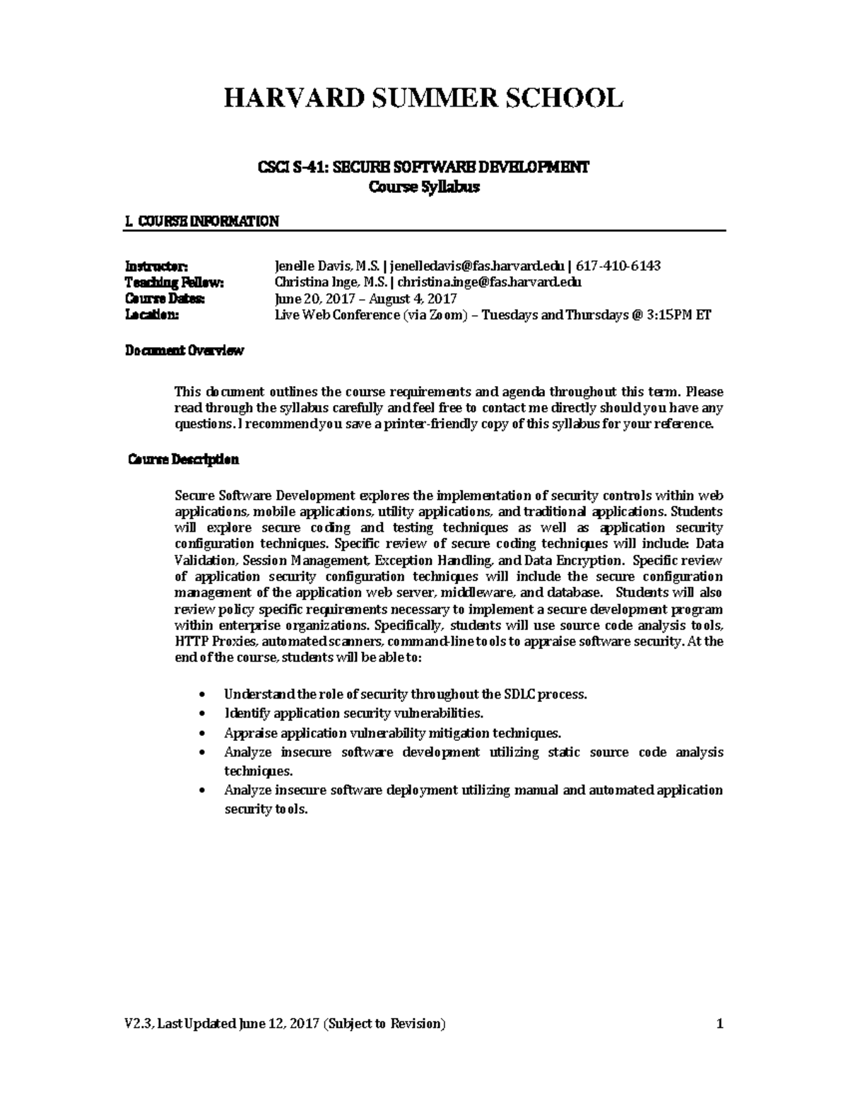 Syllabus Csci S 41v2 Harvard Summer School Csci S 41 Secure Software Development Course