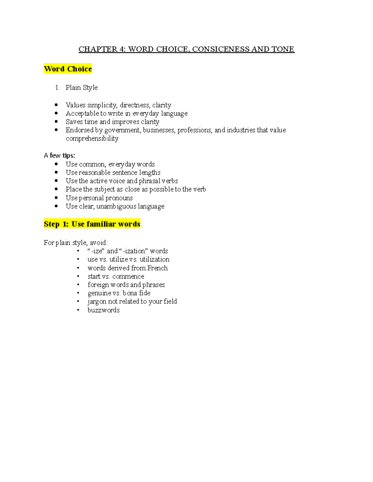 Chapter 4 - Textbook notes - CHAPTER 4: WORD CHOICE, CONSICENESS AND ...