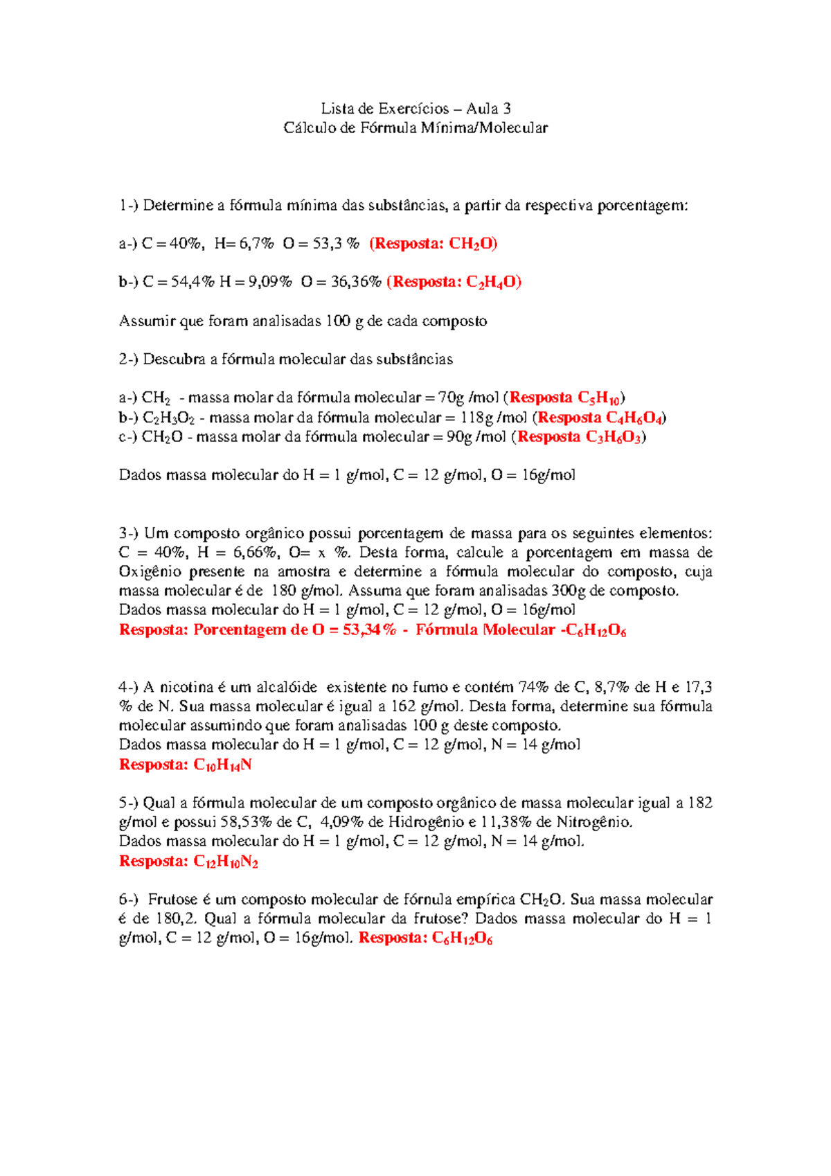 Exercícios - Fórmulas Químicas - Lista de Aula 3 de Determine a das a ...