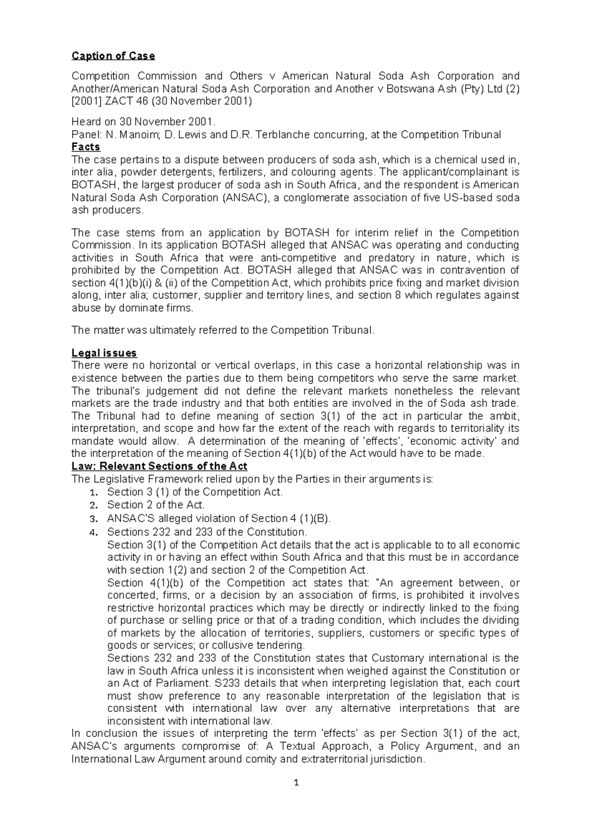 16 Key LLB Competition Law Case summaries 2021-1 - Caption of Case Competition Commission and ...