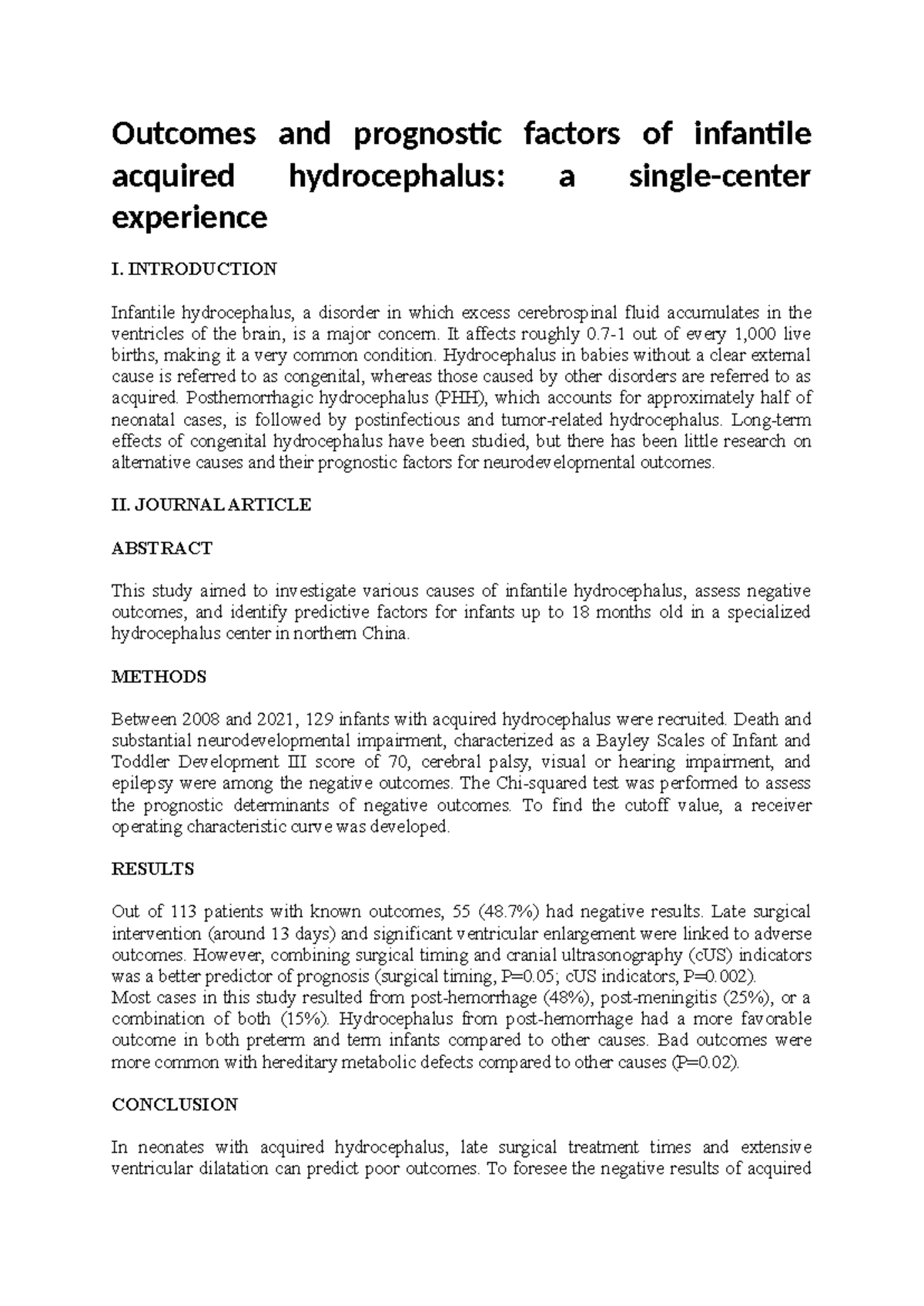 Journal Hydrocephalus - Outcomes and prognostic factors of infantile ...