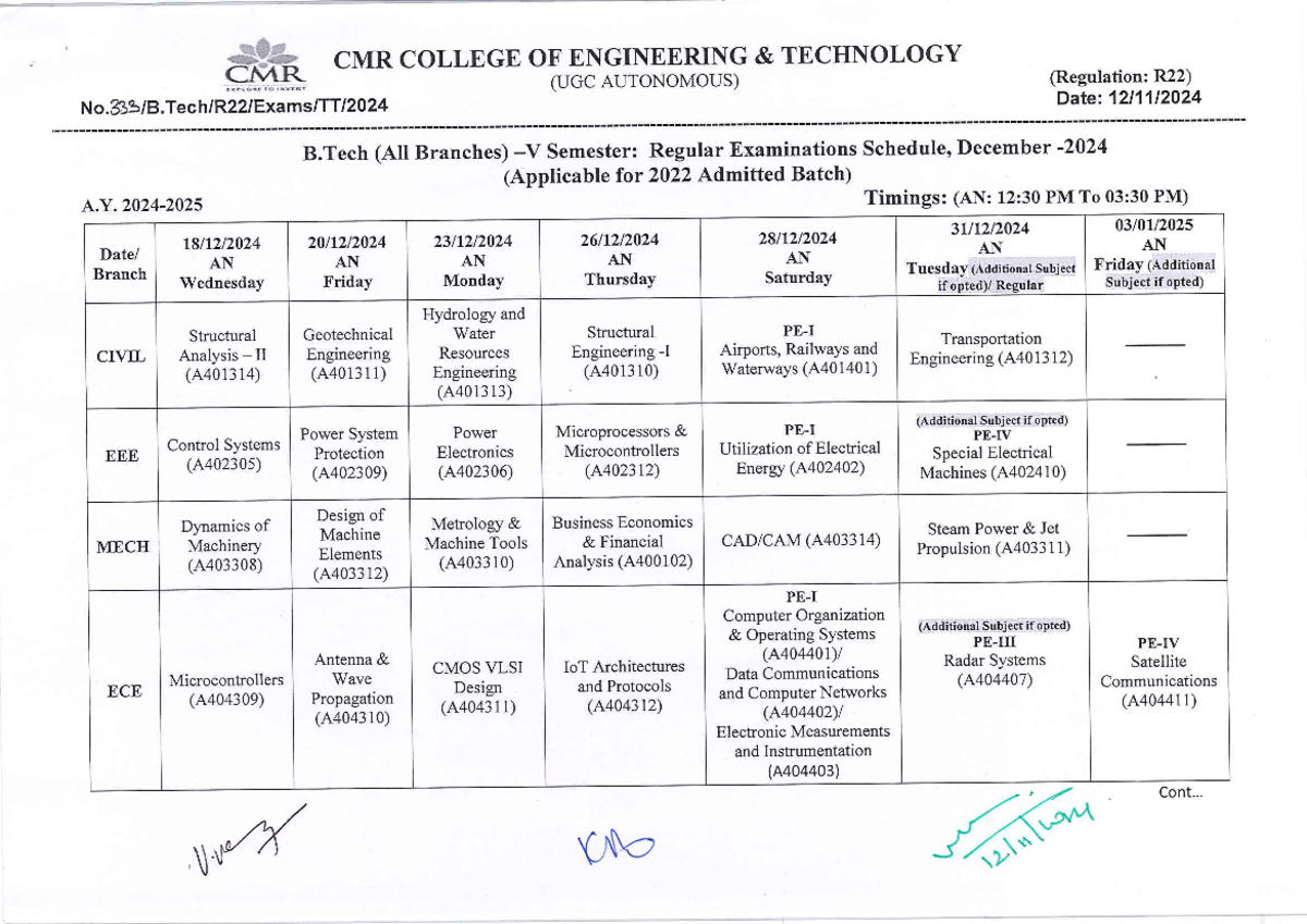 B.Tech V Semester R22, R18 & R15 (Regular & Supplementary) Examinations Schedule- Dec. 2024 ...