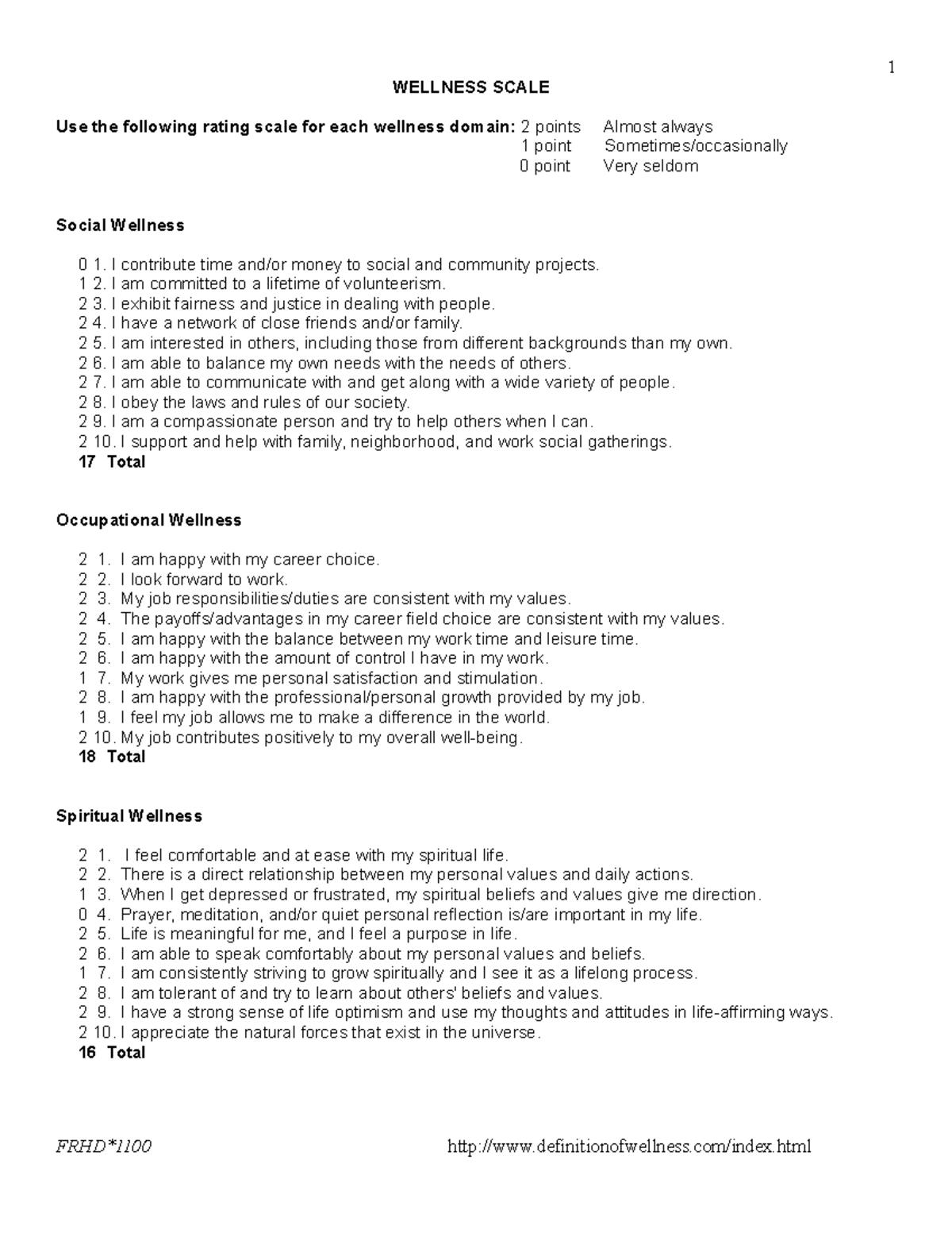 Wellness Inventory - WELLNESS SCALE Use the following rating scale for ...
