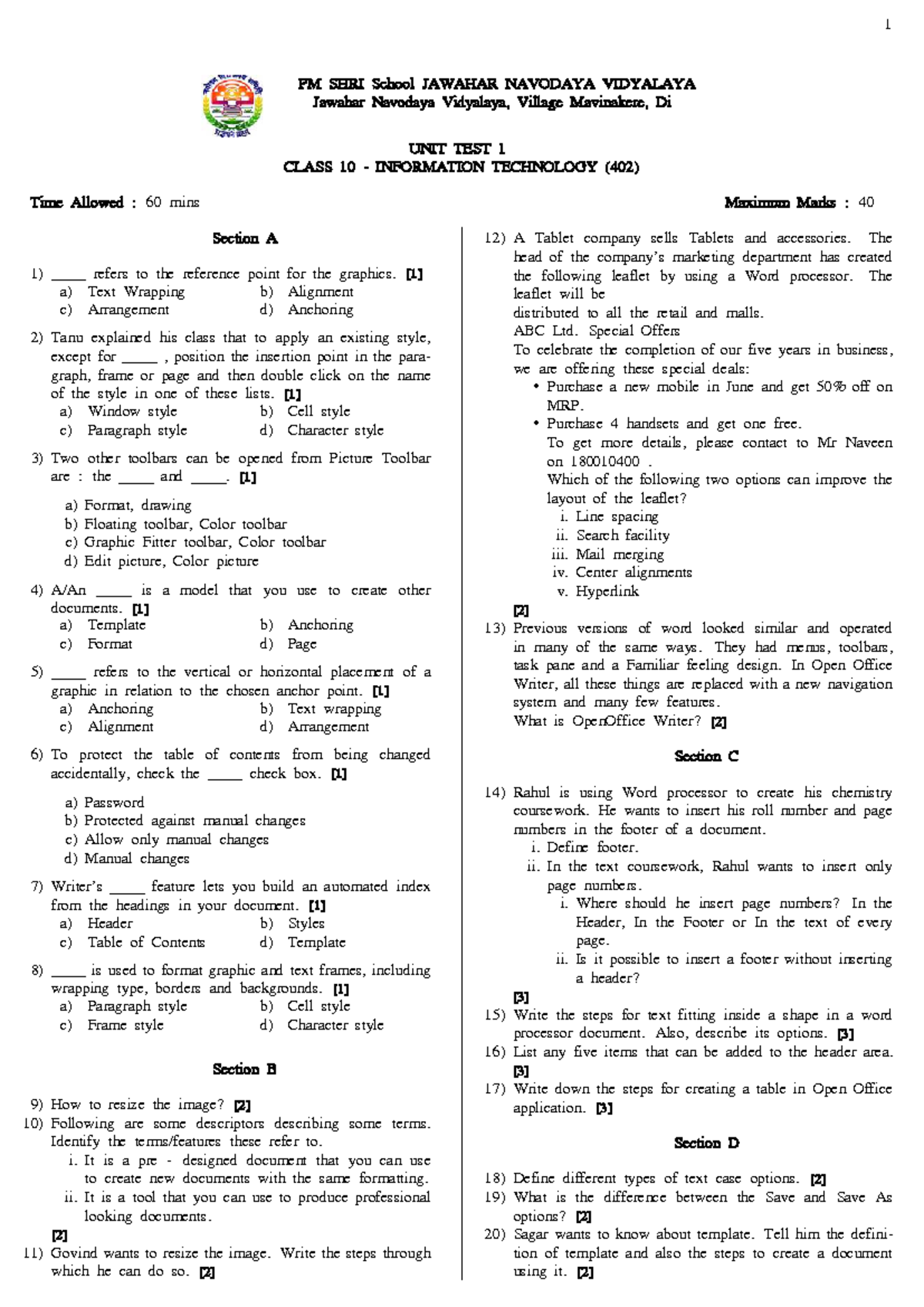Questions for computer science - 1 PM SHRI School JAWAHAR NAVODAYA ...