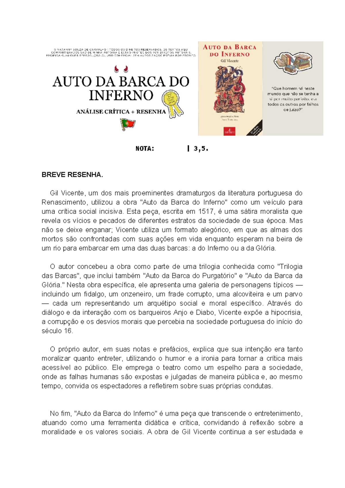 Auto da Barca do Inferno Resenha + análise crítica por Natanny Souza C ...