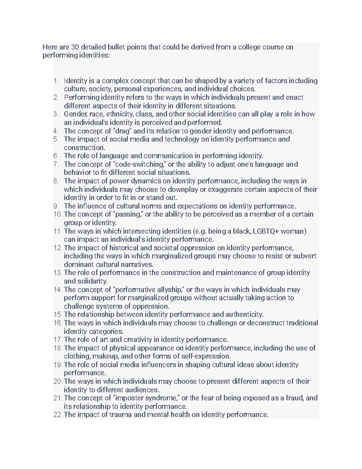 In-class notes, Performing Identities - Here are 30 detailed bullet ...