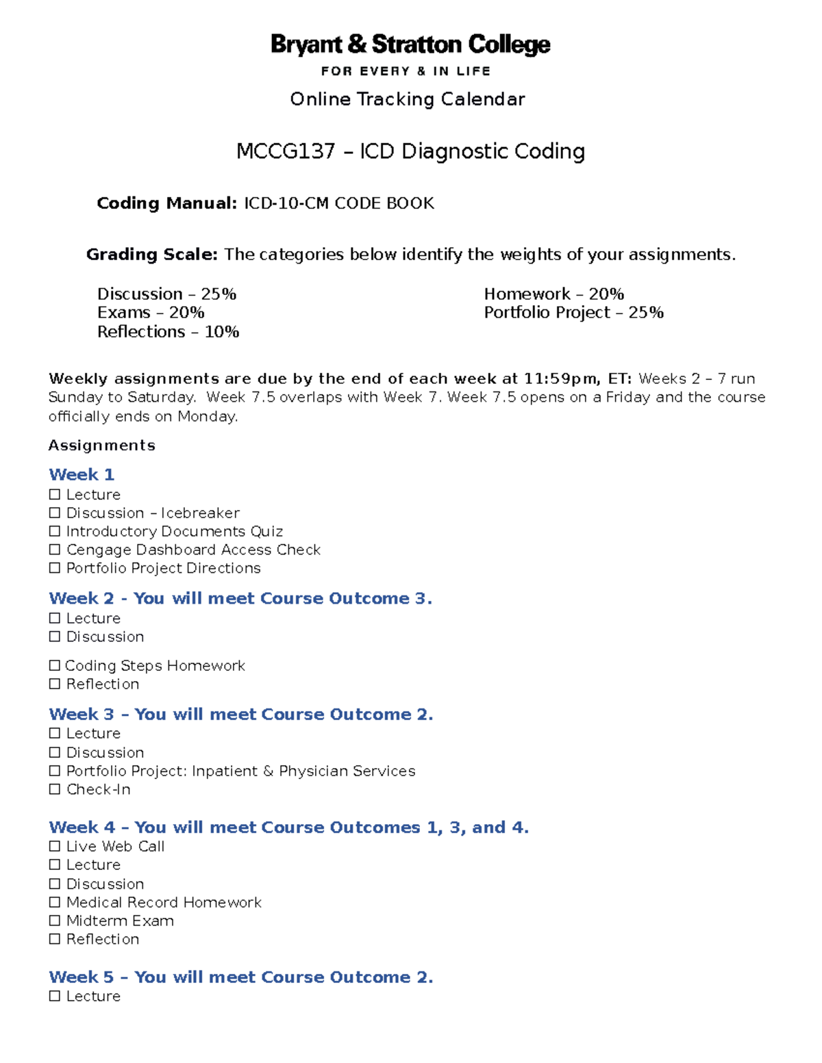 Checklist Tracking Calendar for Course - Online Tracking Calendar ...