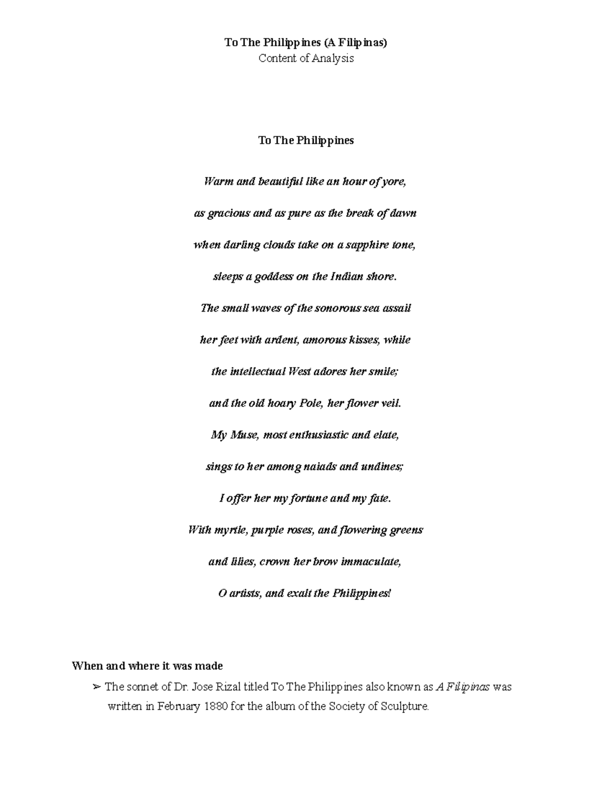 To The Philippines - all about poem of rizal - To The Philippines (A ...