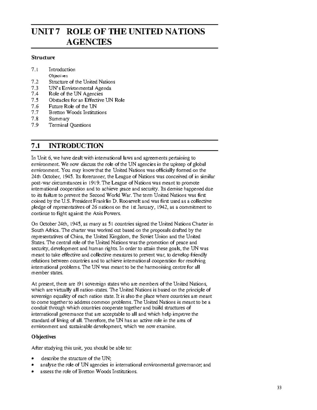 ROLE OF THE United Nations Agencies - Role of the United Nations UNIT 7 ...