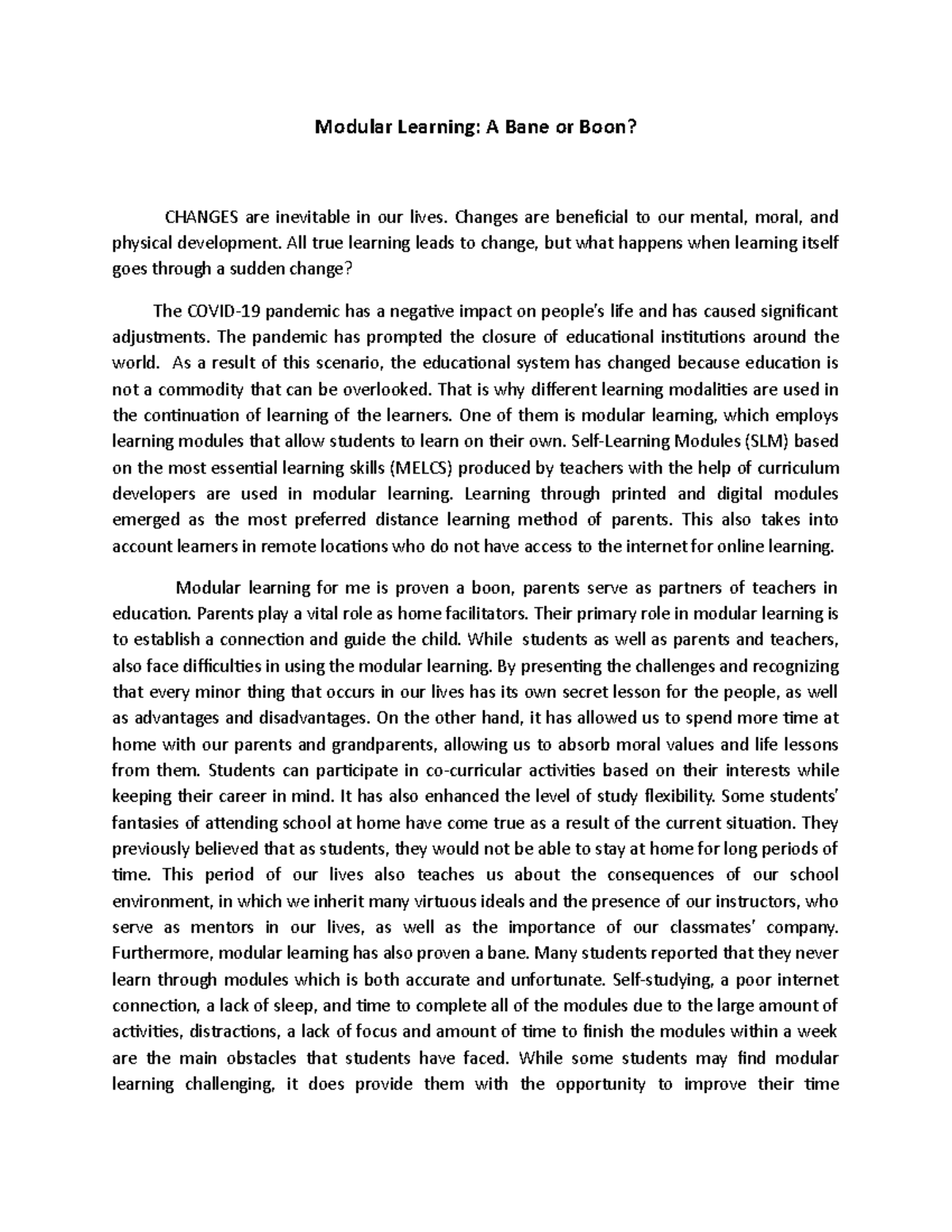 Modular Learning.WPS Office - Modular Learning: A Bane or Boon? CHANGES ...