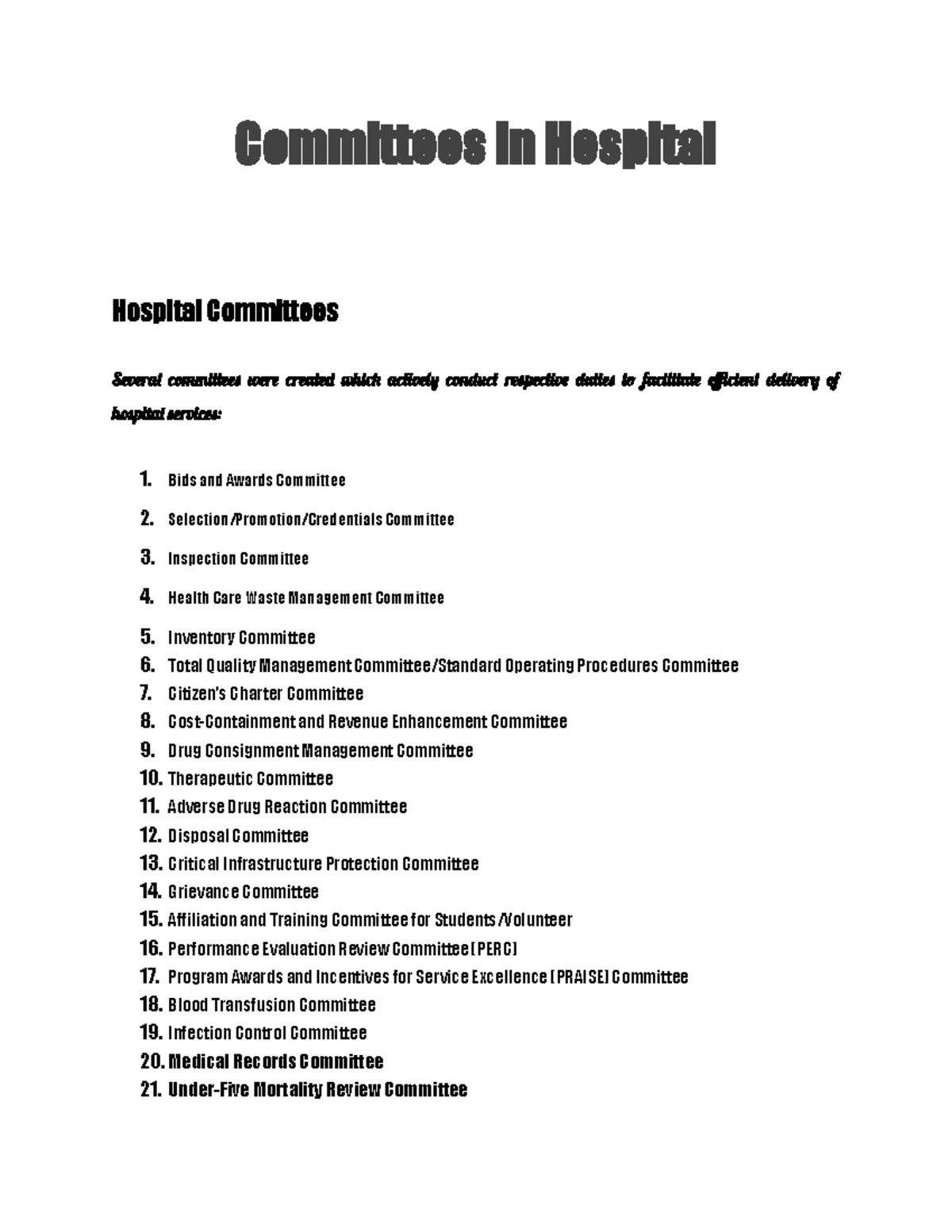 Committees in Hospital - Committees in Hospital Hospital Committees ...