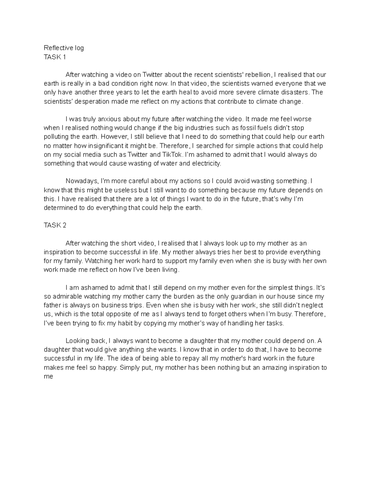 Reflective log ELC081 - Reflective log TASK 1 After watching a video on ...