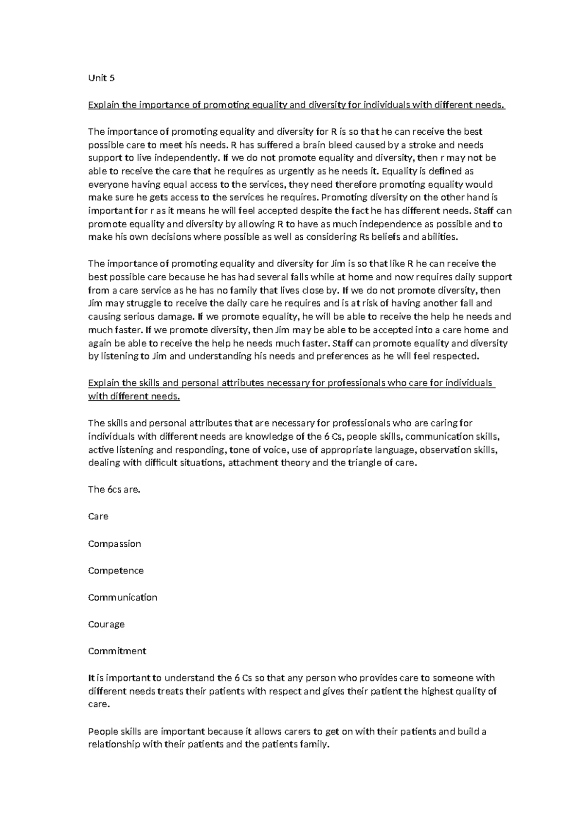 Unit 5- Task 1 and Task 2 - Unit 5 Explain the importance of promoting equality and diversity ...