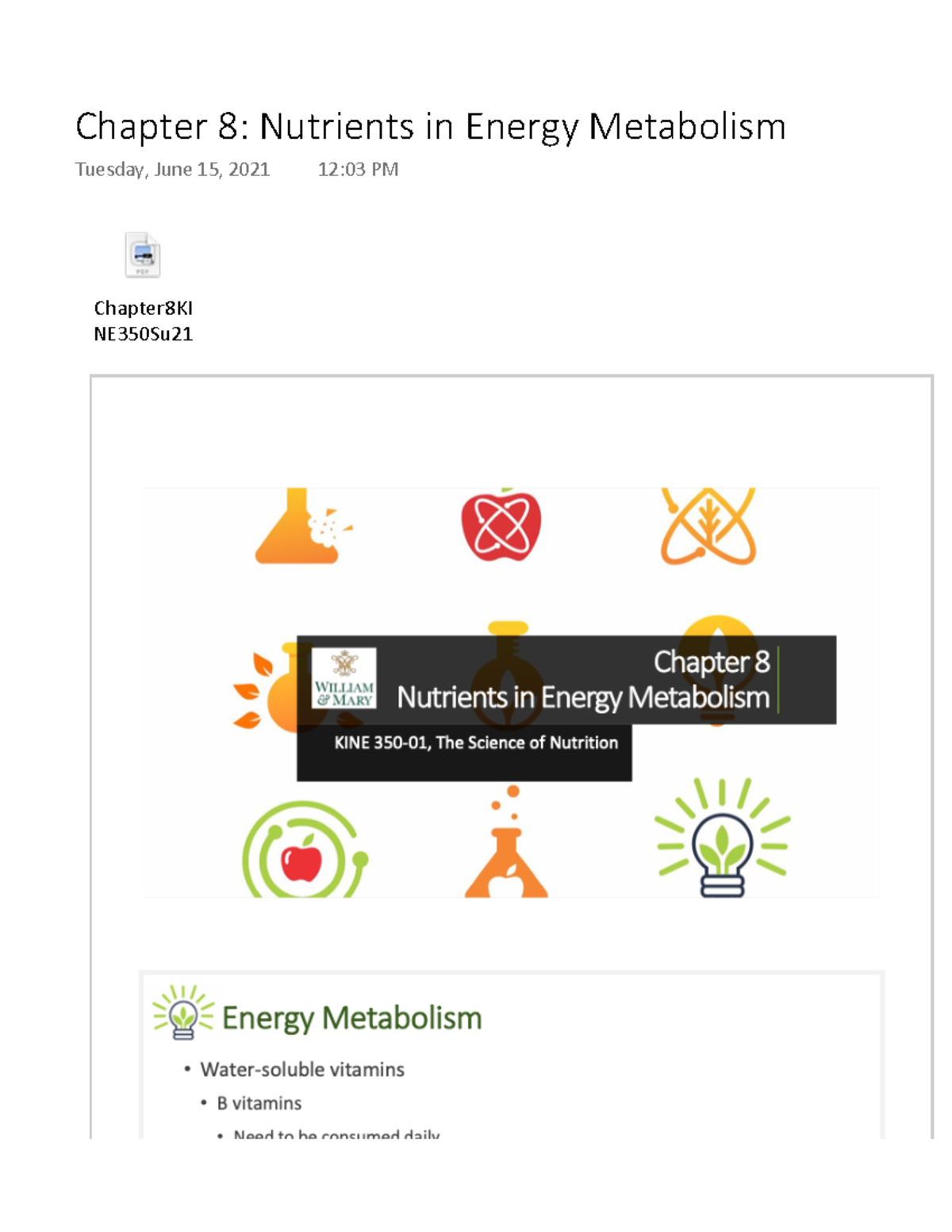 Chapter 8 Nutrients in Energy Metabolism - Chapter8KI NE350Su Chapter 8 ...