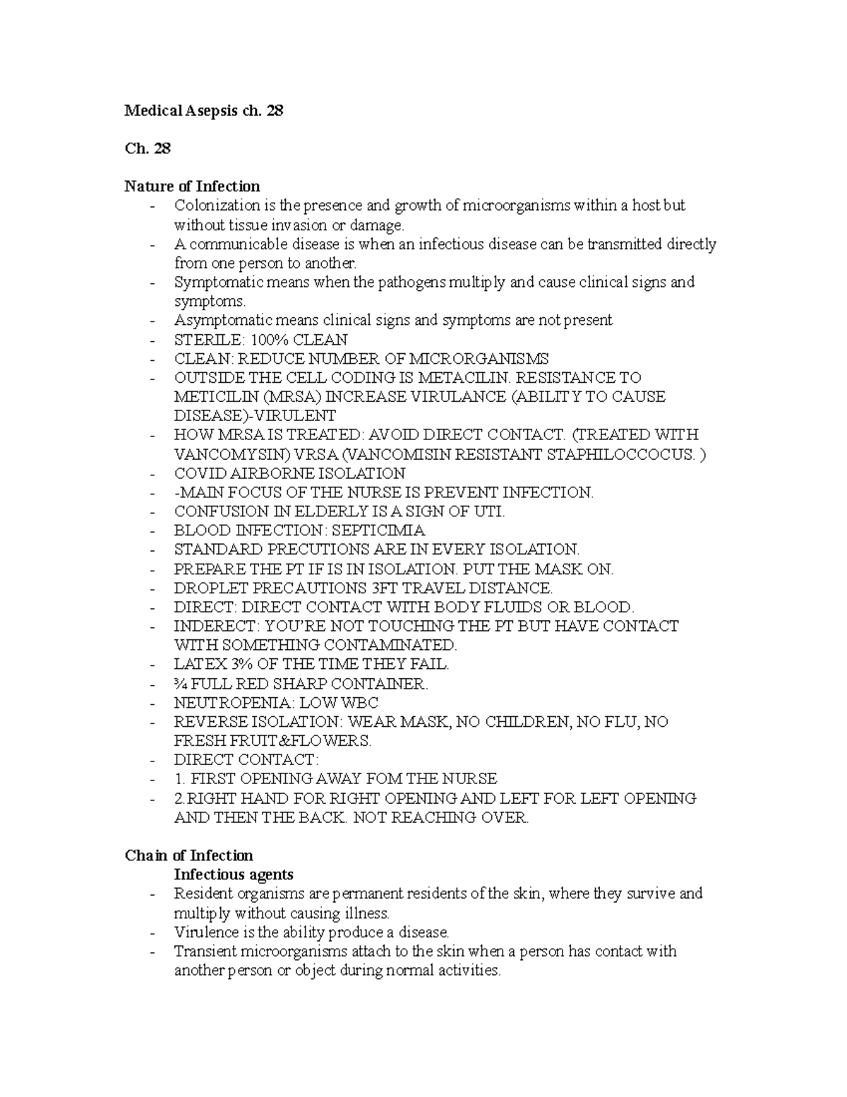Medical Asepsis Class Notes - Medical Asepsis ch. 28 Ch. 28 Nature of ...