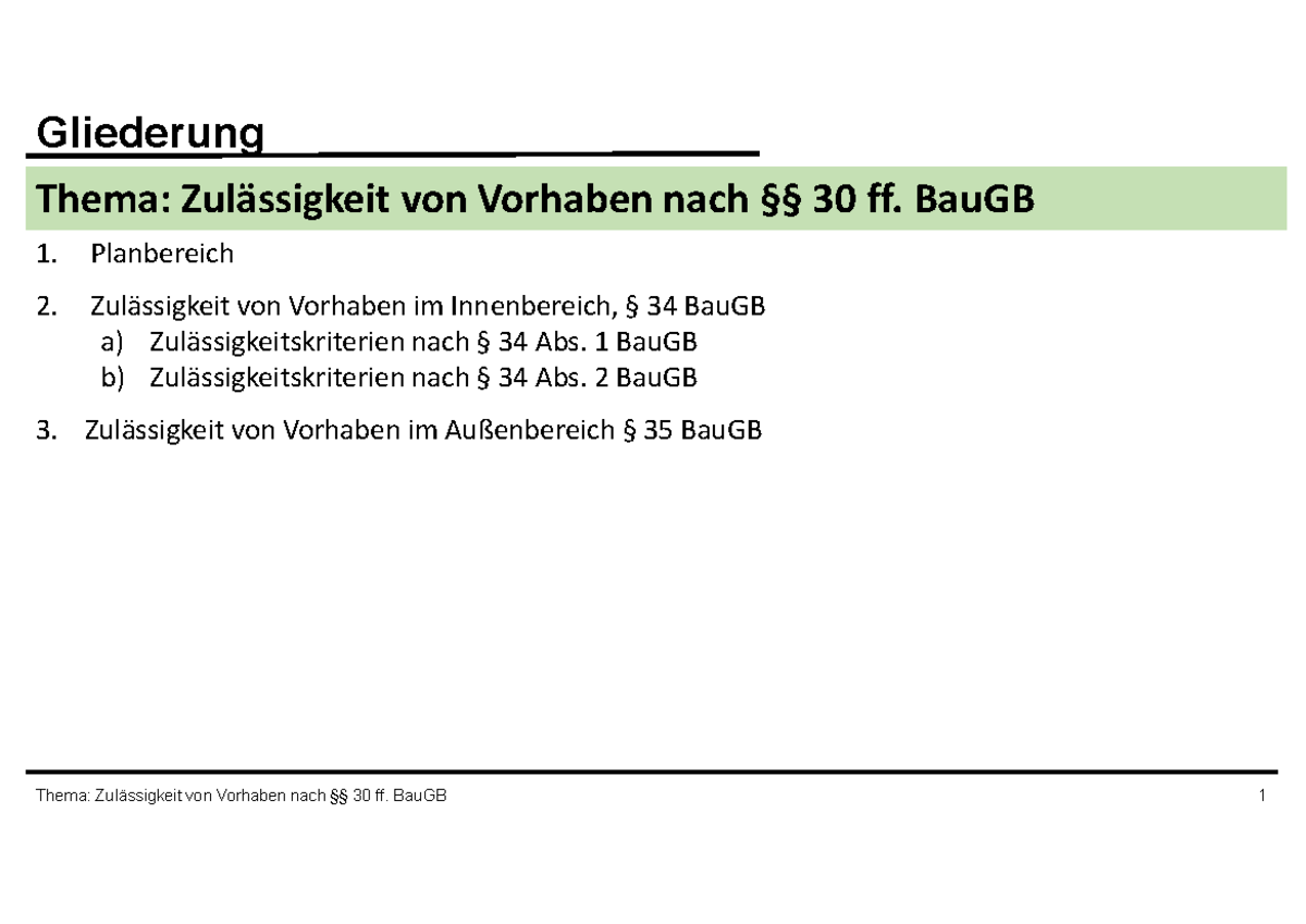 Studocu Zulässigkeit von Bauvorhaben 1+2 - Gliederung 1. Planbereich 2 ...