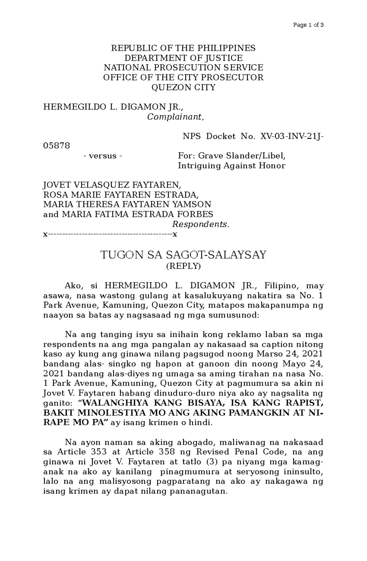 Hermegildo Digamon - Reply Affidavit - Page 1 of 3 REPUBLIC OF THE ...