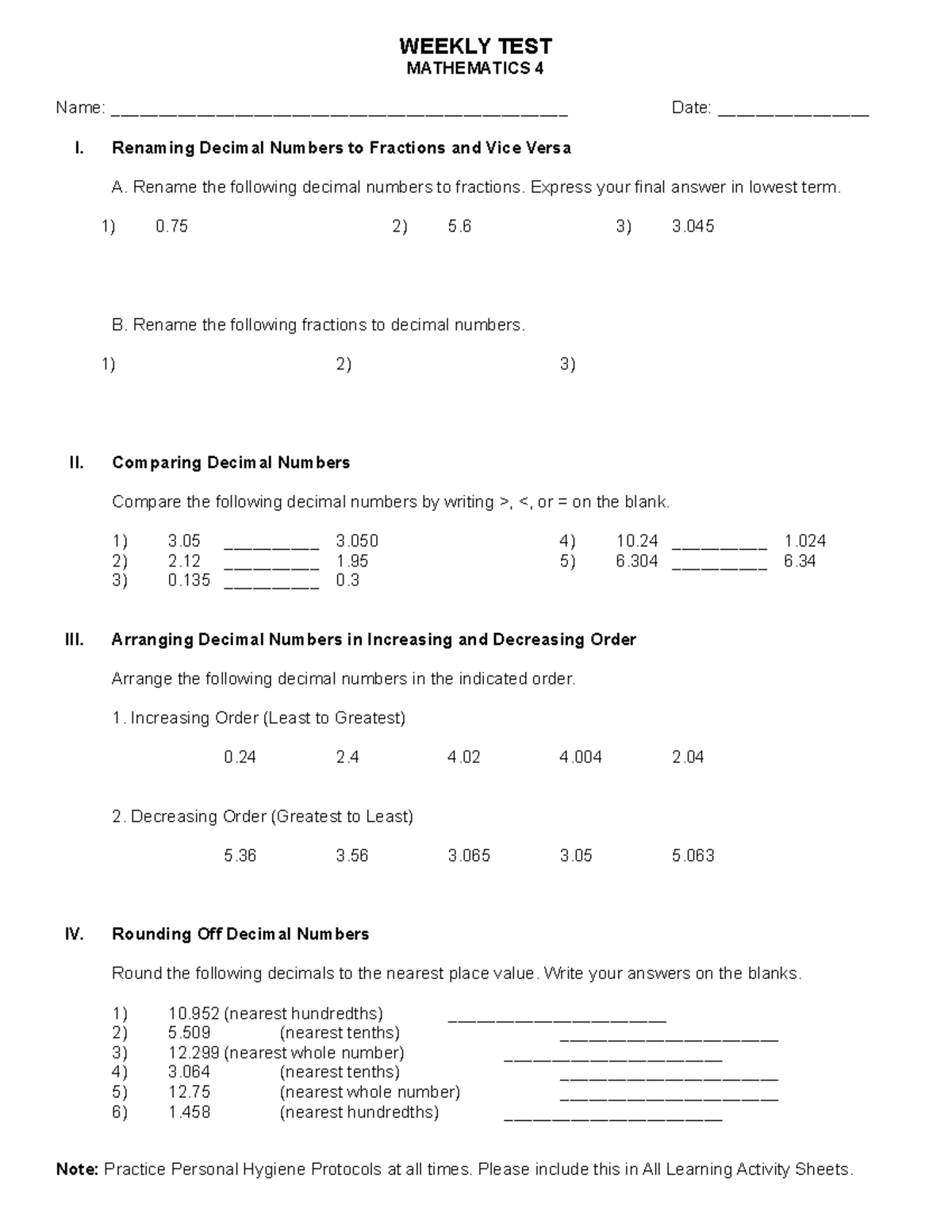 Weekly TEST MATH Week 8 - Decimals - WEEKLY TEST MATHEMATICS 4 Name ...