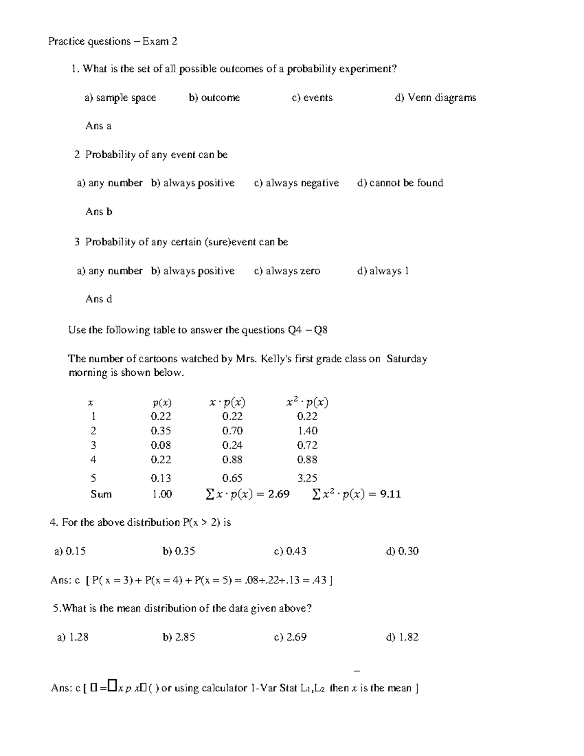 Practice question - Exam 2 - What is the set of all possible outcomes ...