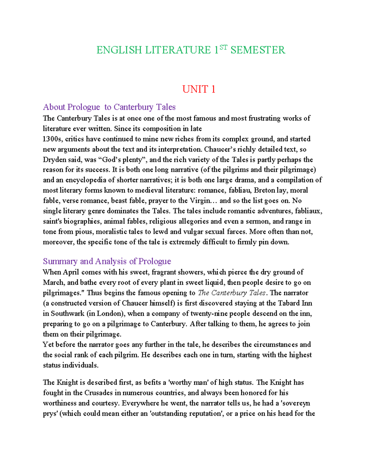 English Literature 1ST Semester UNIT 1 - ENGLISH LITERATURE 1ST ...