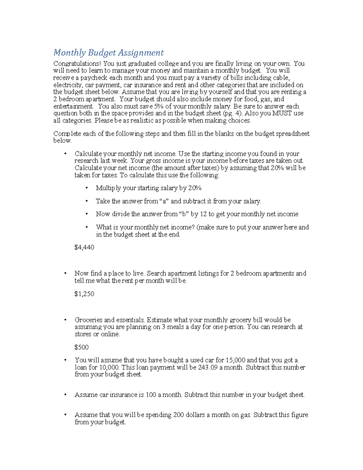 Budget Assignment edited fall 2022 - Monthly Budget Assignment ...