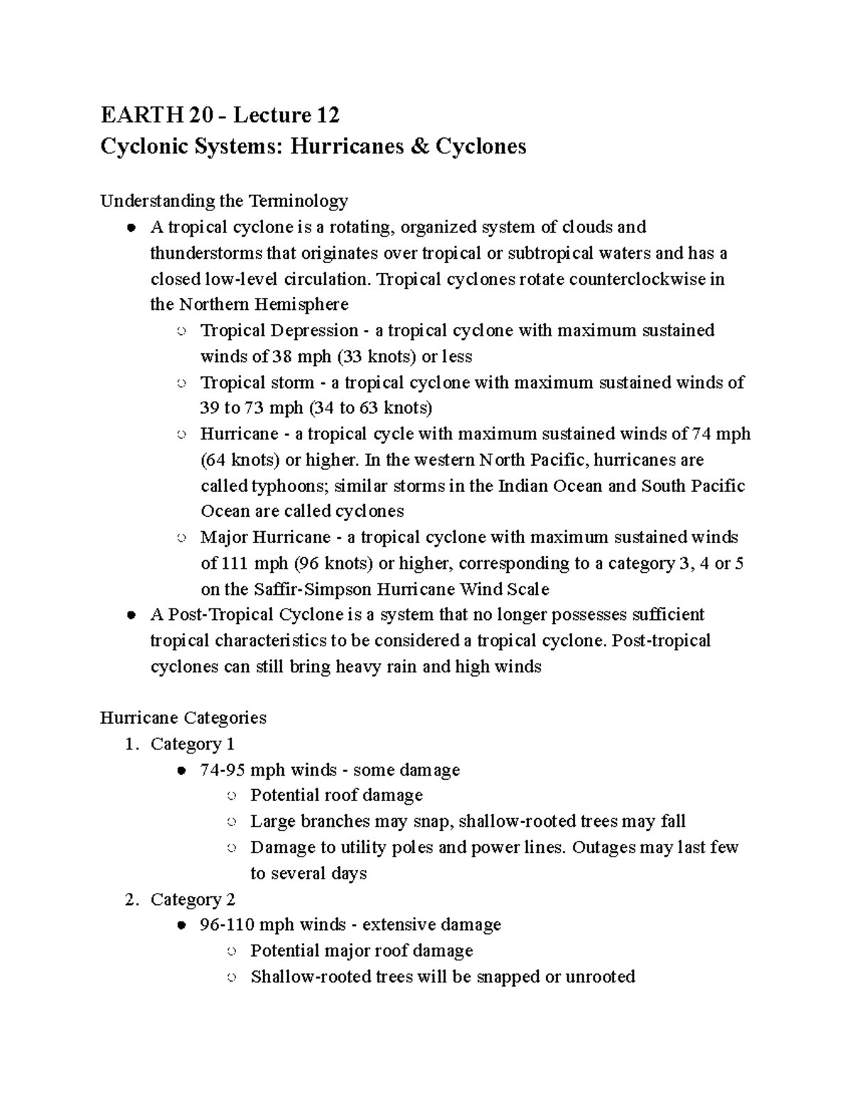 Earth 20 Lecture 12 Notes - EARTH 20 - Lecture 12 Cyclonic Systems ...