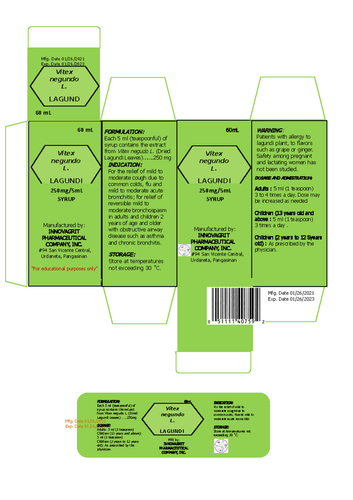 Lagundi- Syrup.- Manuf-2 - Mfg. Date 01/26/ Exp. Date 01/26/ Vitex ...