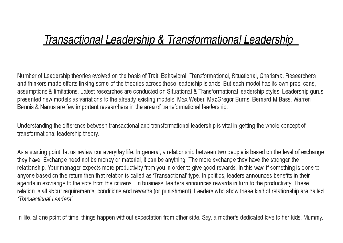 Transactional transformational - Transactional Leadership ...