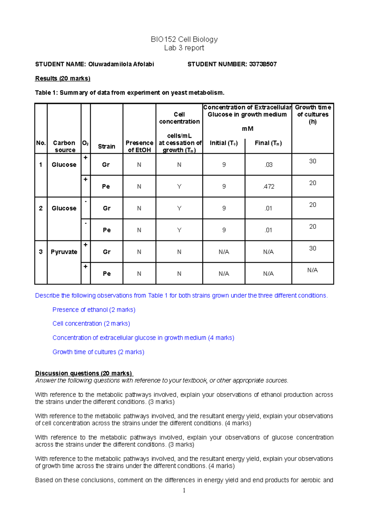 BIO152 2018 Lab report 3 - BIO152 Cell Biology Lab 3 report STUDENT ...