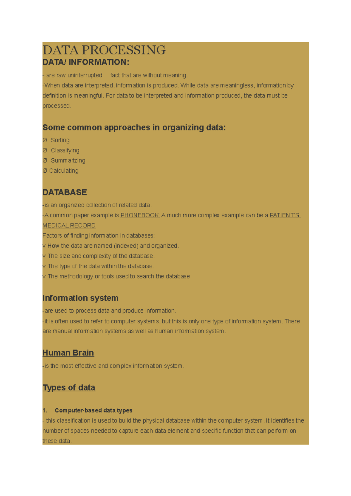 Data processing discussion - DATA PROCESSING DATA/ INFORMATION: are raw ...