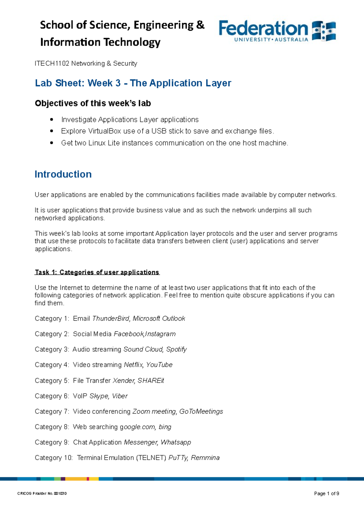 Week 3 Lab Sheet - The Application Layer - Information Technology ITECH1102 Networking & - Studocu