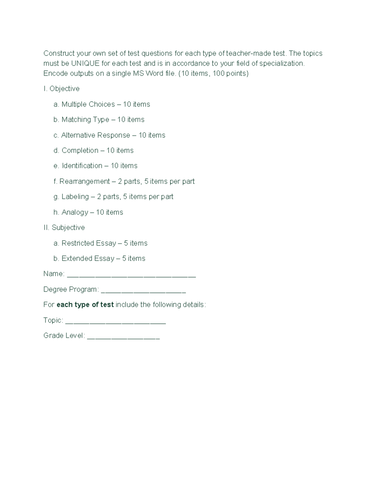 Activity for Test Making - Construct your own set of test questions for ...