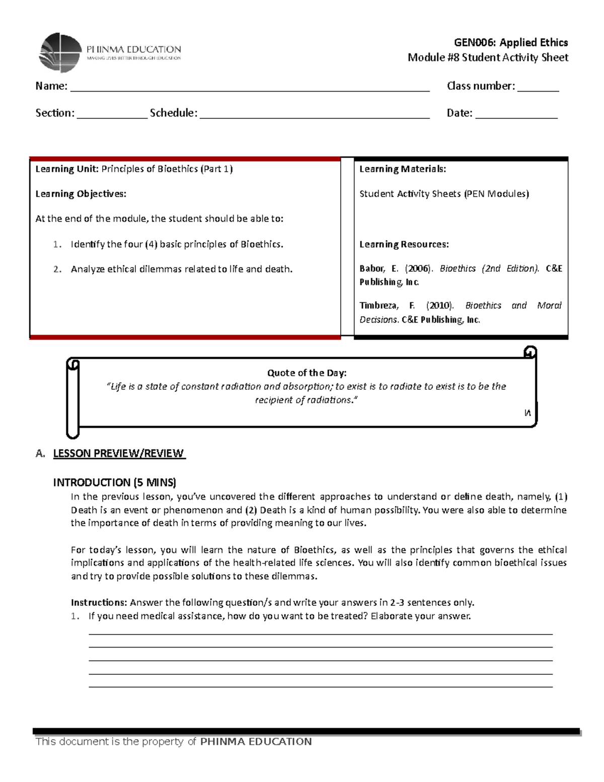 SAS8- Principles-OF- Bioethics-PART-1 - GEN006: Applied Ethics Module ...