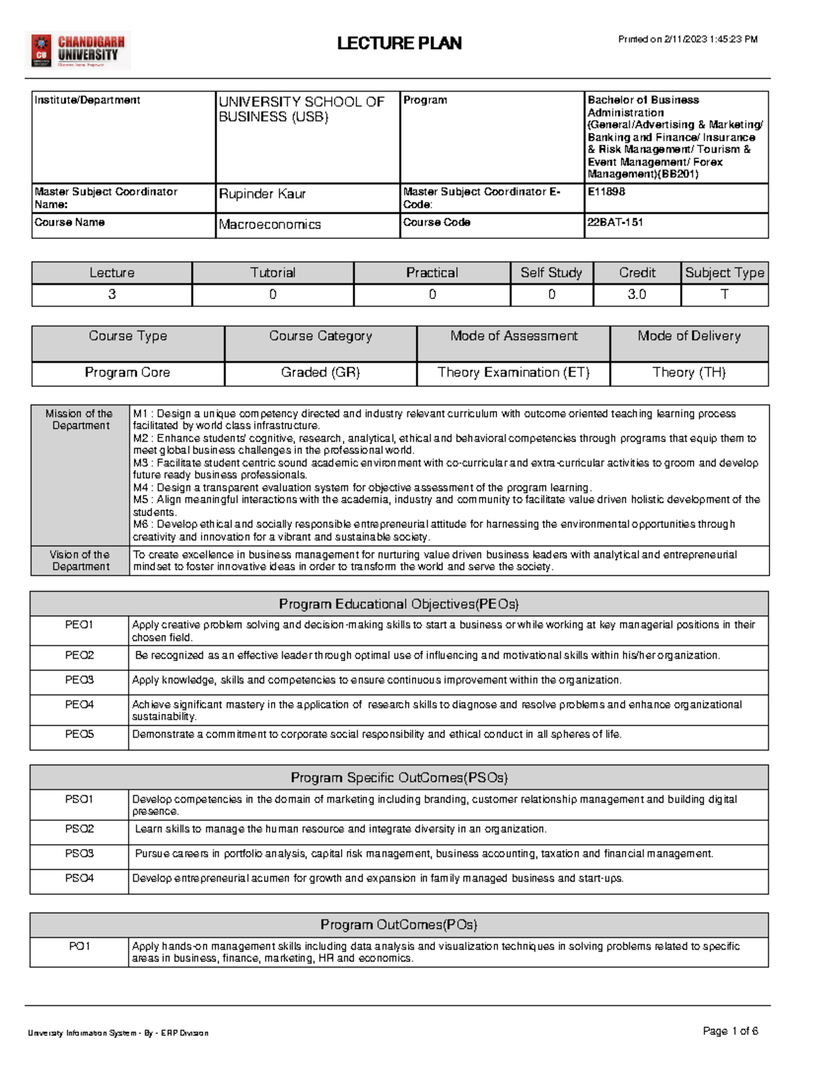 Lecture Plan BB201 22BAT-151 - Program Educational Objectives(PEOs ...