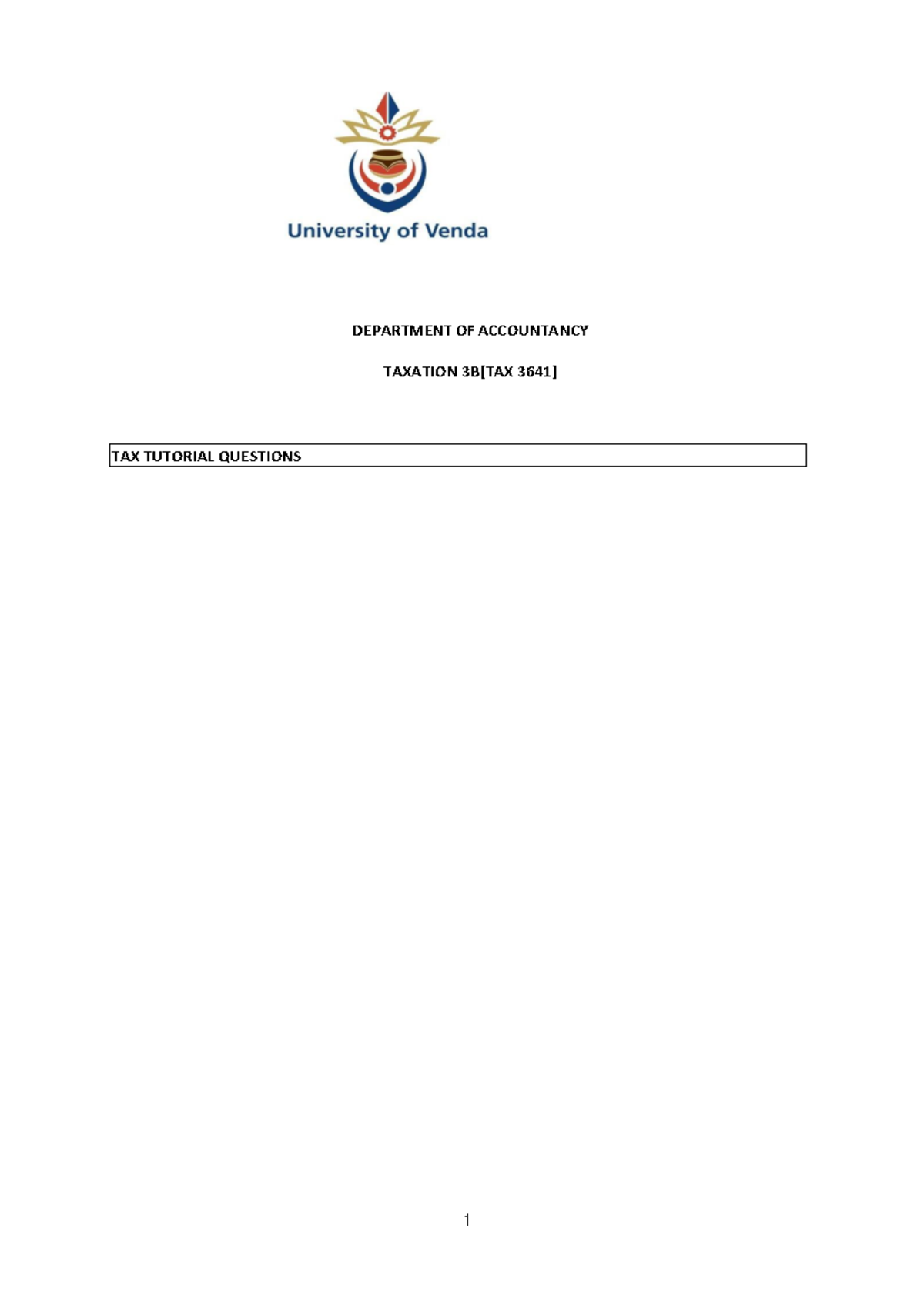 Tax 3641 Question Banks v2 - TAX TUTORIAL QUESTIONS DEPARTMENT OF ...