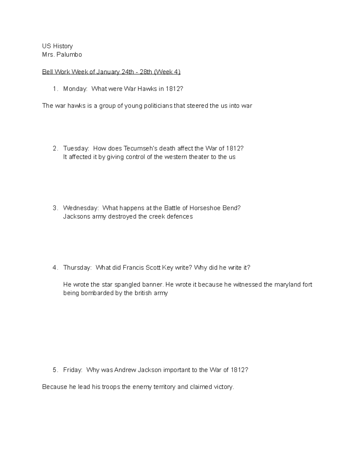 Copy of Lesson 3.2 Bell Work 1 24 - 1 28 2022 Week - US History Mrs ...