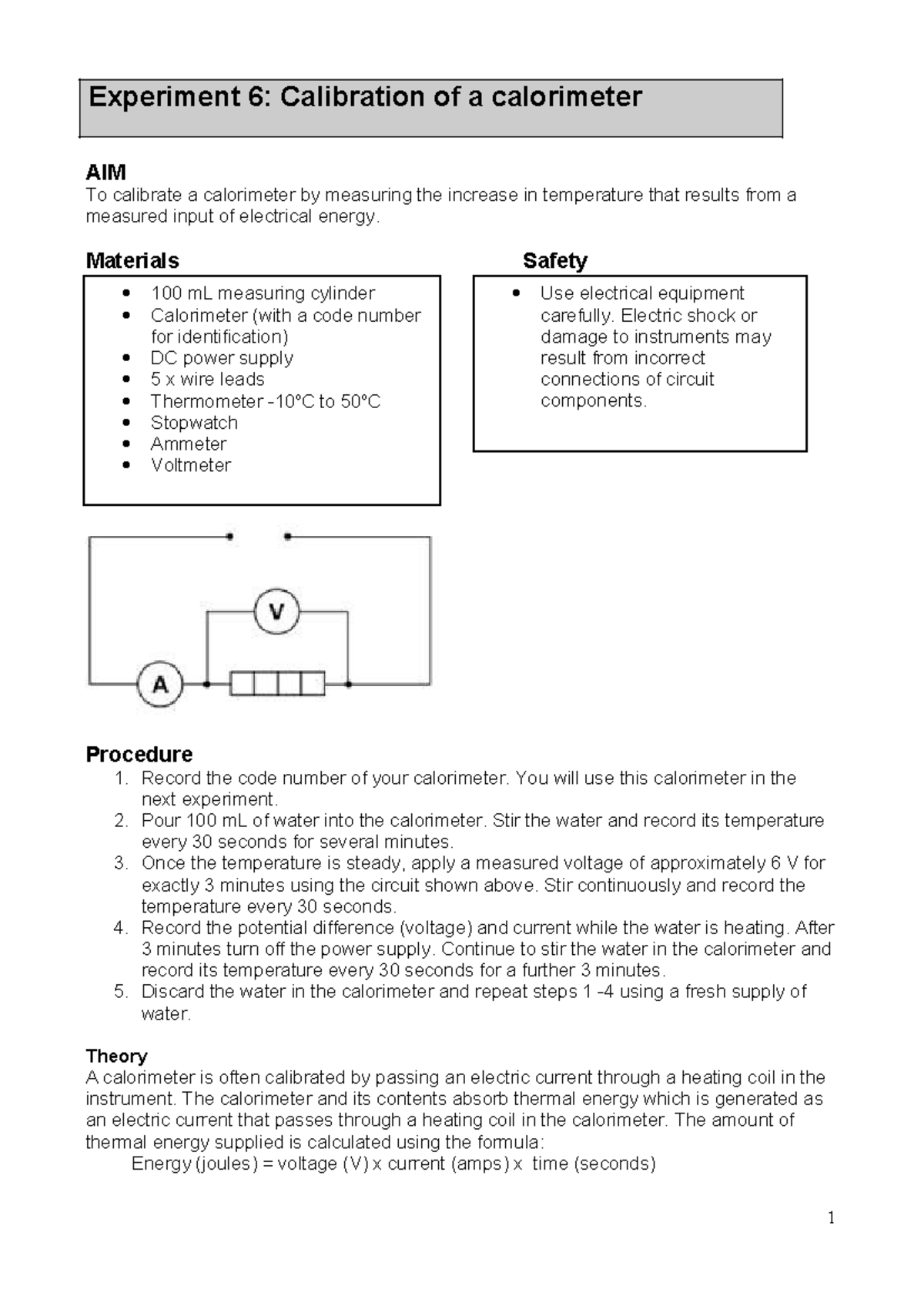Calibration of a calorimeter - Experiment 6: Calibration of a ...
