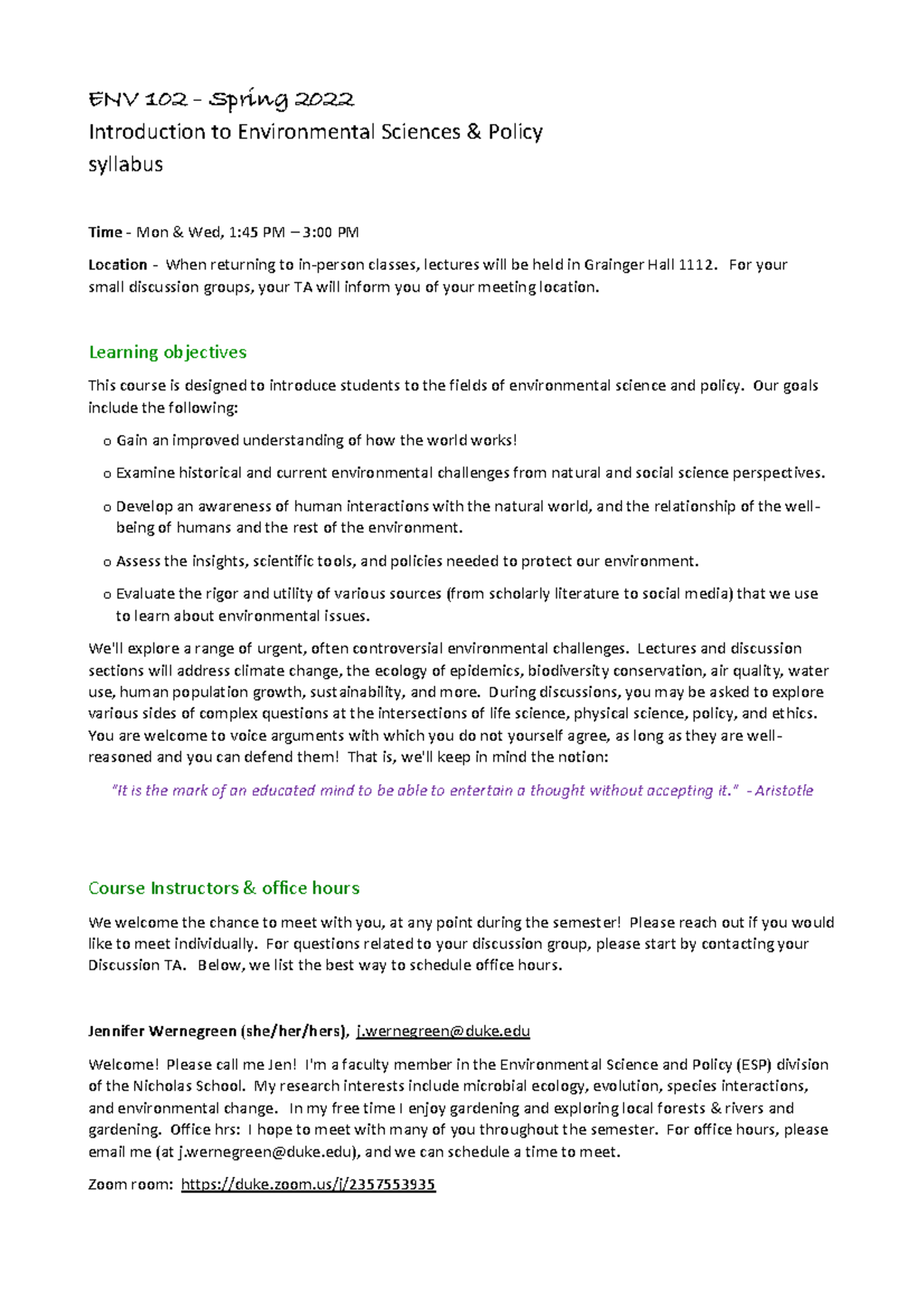 ENV 102 - Spring 2022 Introduction to Environmental Sciences & Policy ...