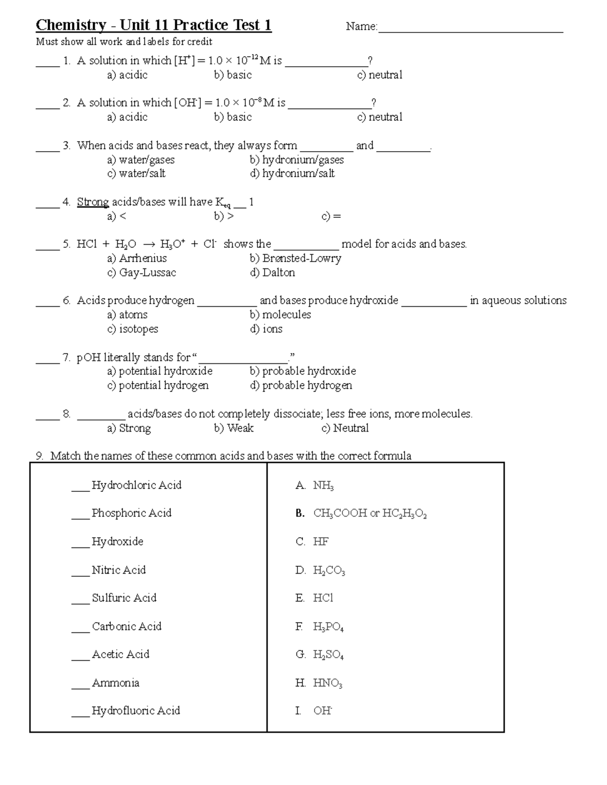 Unit 11 Practice Test 1 - Chemistry - Unit 11 Practice Test 1 Name