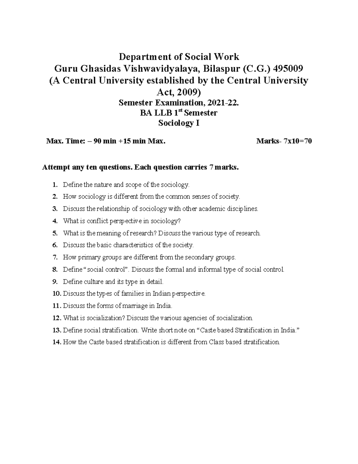 Ballb 1st final question paper - Department of Social Work Guru ...