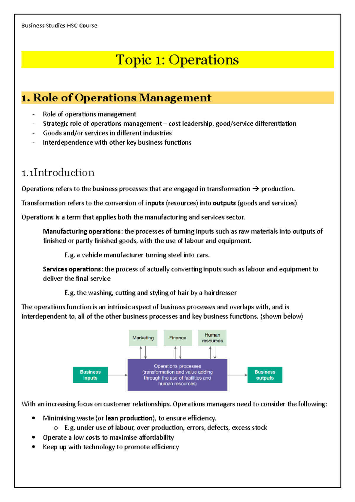 Operations Complete HSC Notes - Topic 1: Operations 1. Role of ...