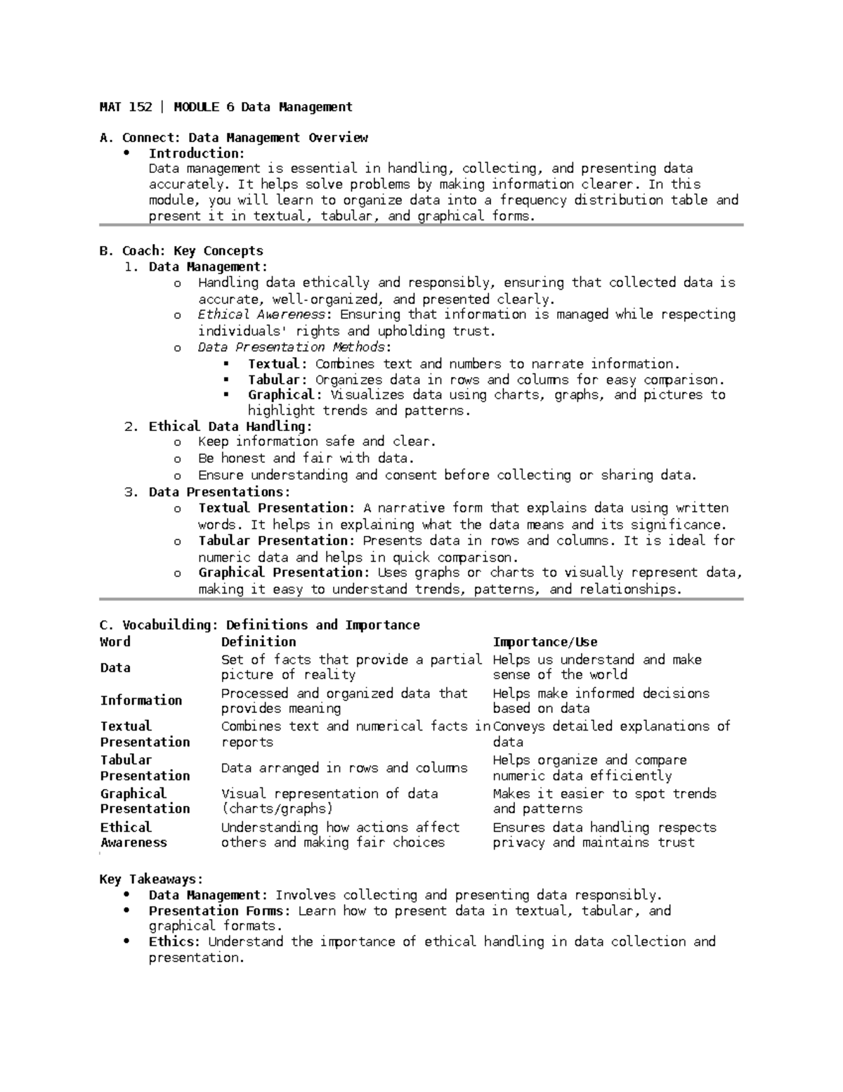 MAT 15 P2 Reviewer - p2 Mat 152 - MAT 152 | MODULE 6 Data Management A ...