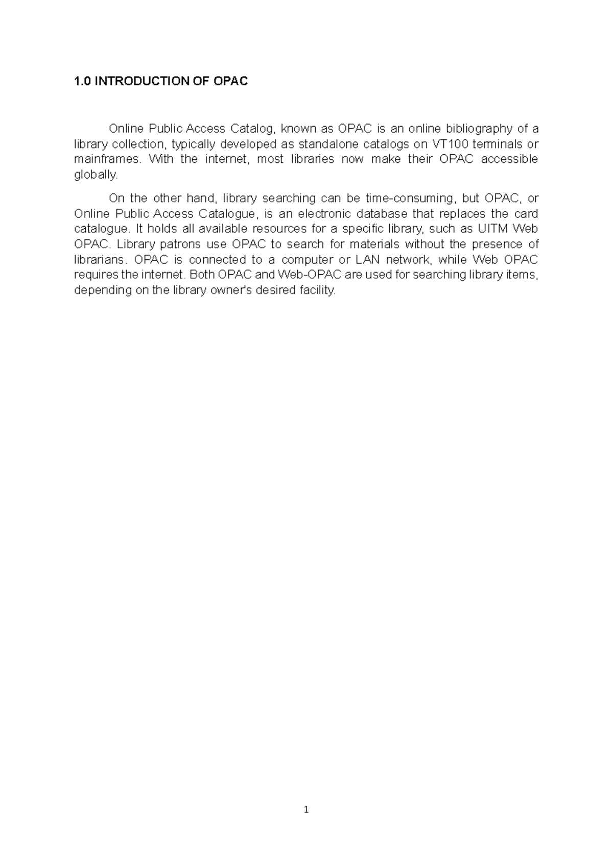 IMC111 (ALL) - 1. 0 INTRODUCTION OF OPAC Online Public Access Catalog ...