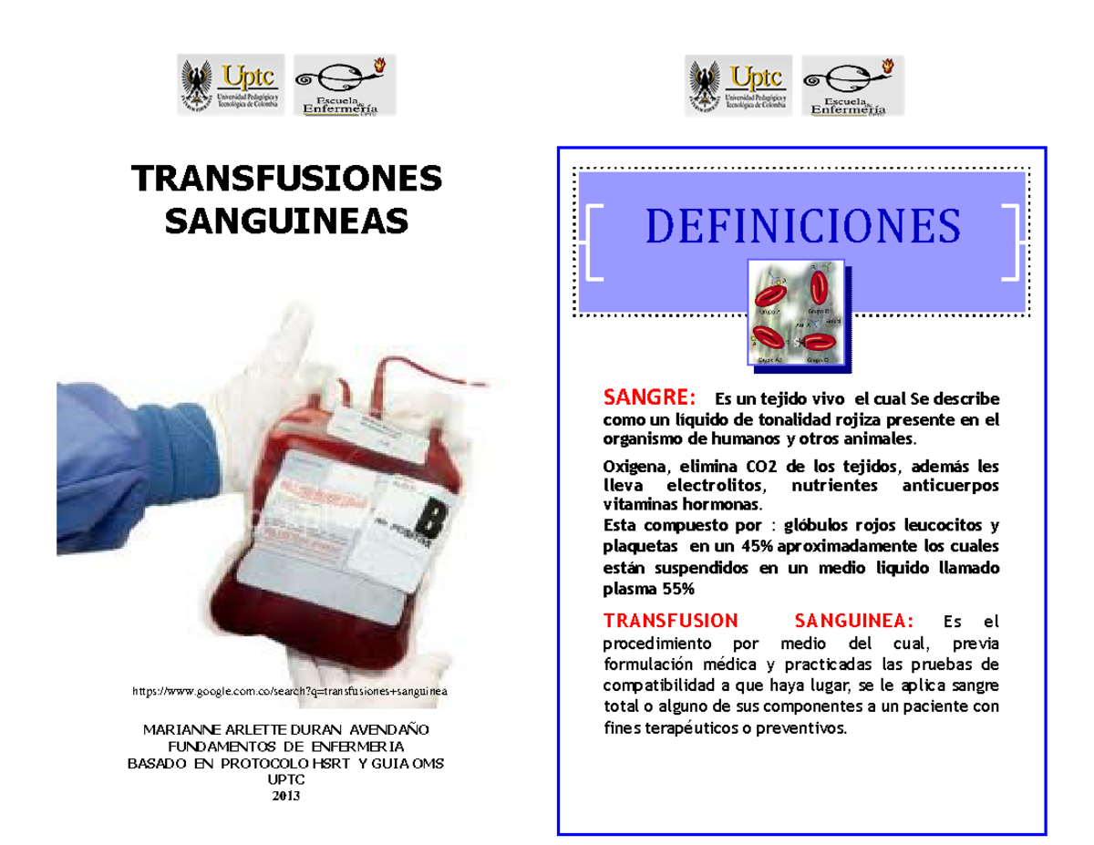 Cartilla transfusiones sanguineas - TRANSFUSIONES SANGUINEAS MARIANNE ...