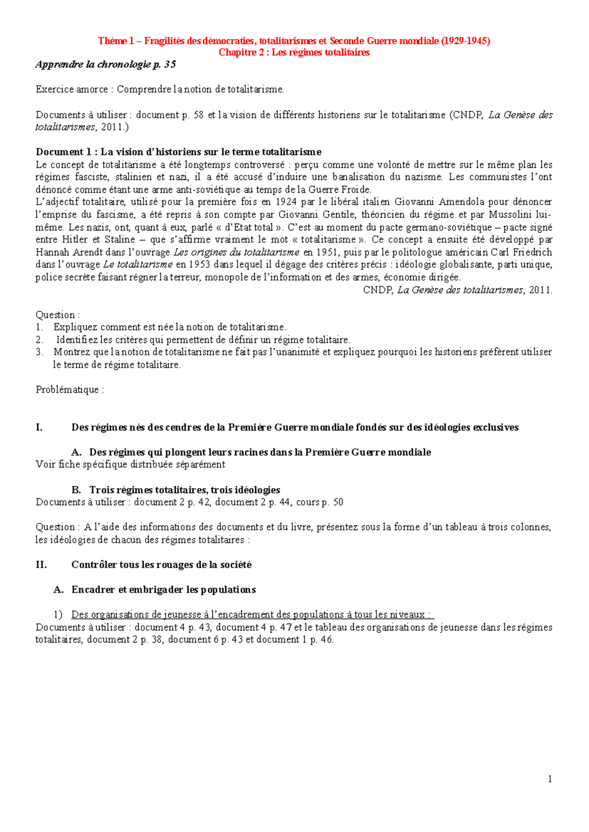 Chapitre 2, les régimes totalitaires, fiche élèves - Chapitre 2 : Les ...