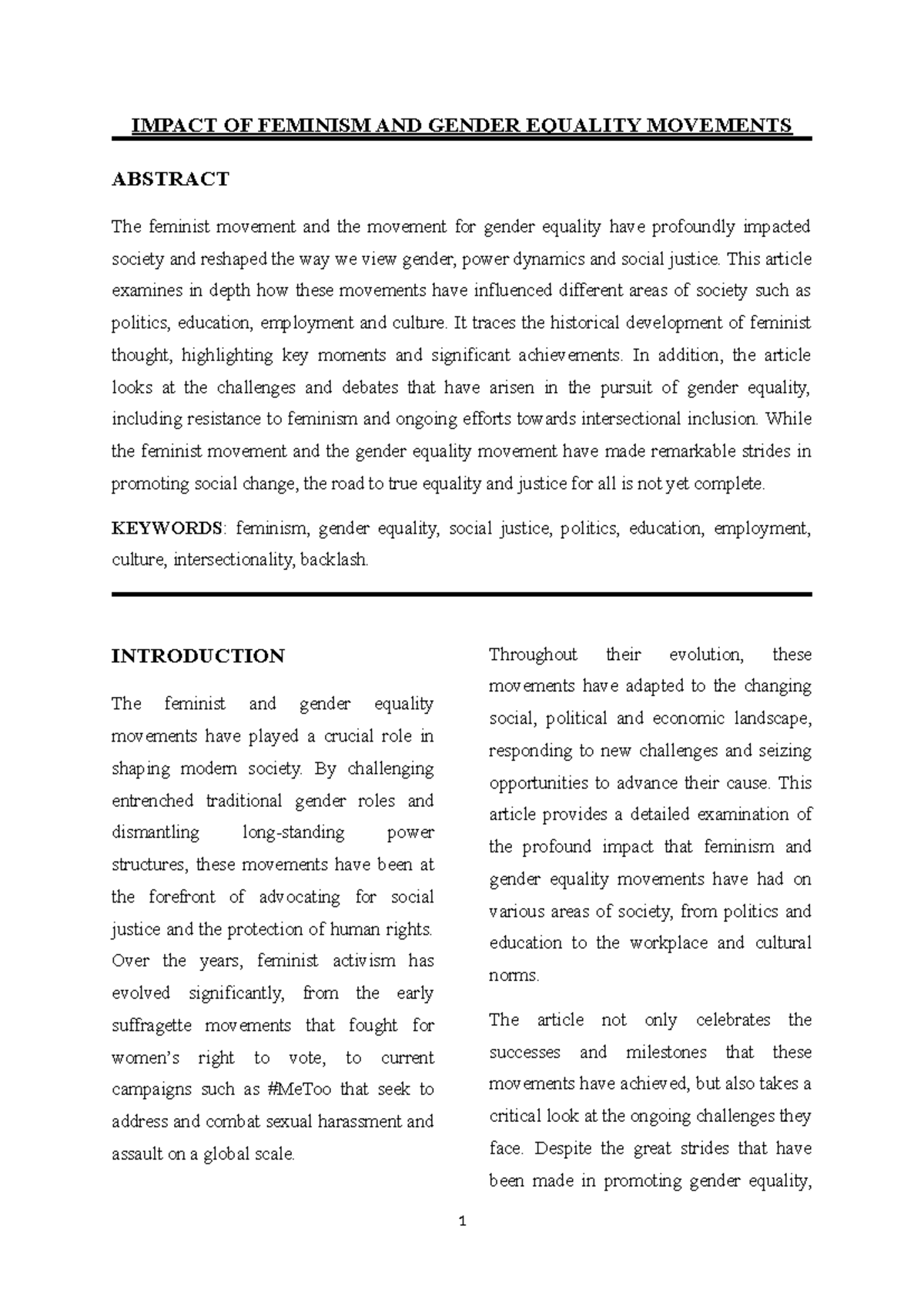 Article Impact of Feminism & Gender Equality Movements - IMPACT OF ...