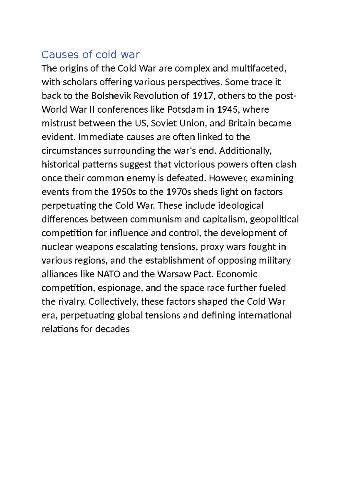 Causes of cold war - ignou notes - Causes of cold war The origins of ...